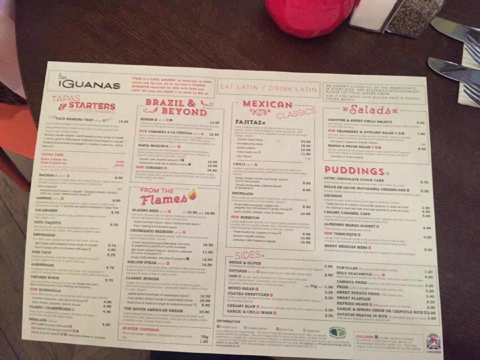 Menu at Las Iguanas restaurant, Wembley, Designer Outlet