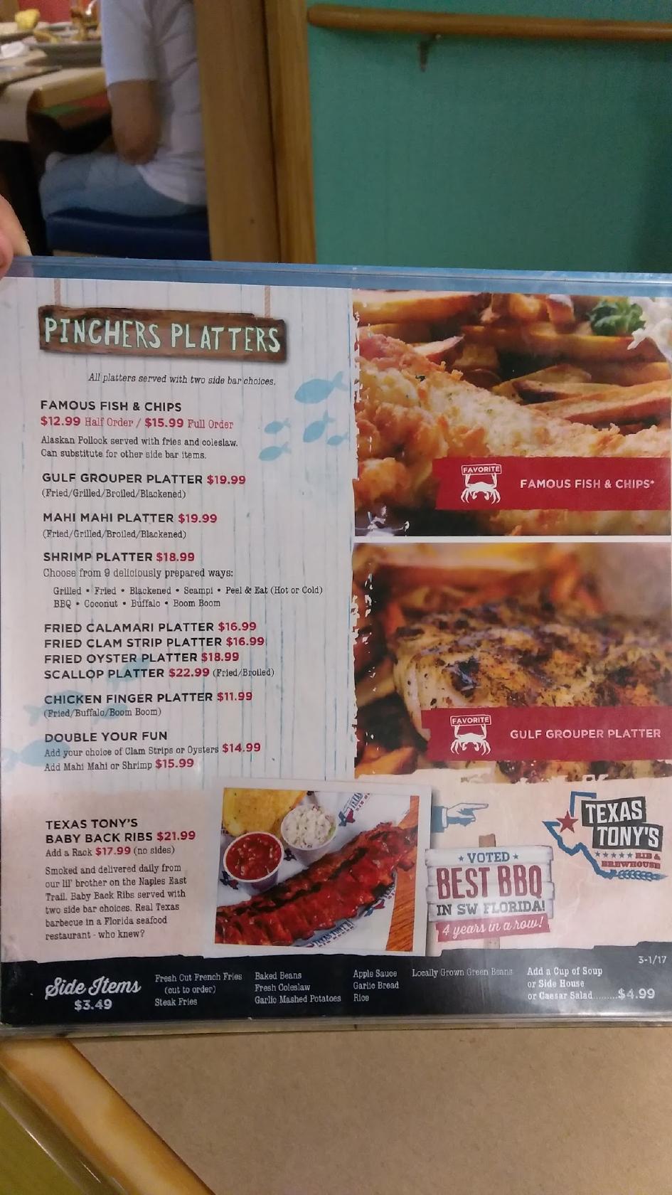 Menu at Pinchers restaurant, Marco Island