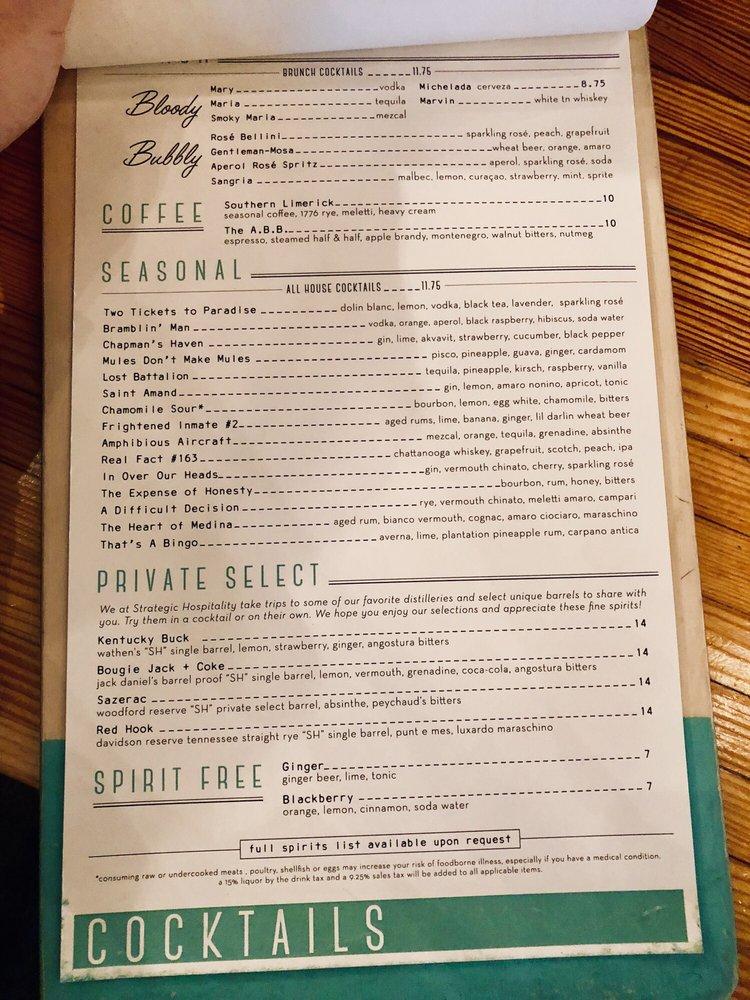 Menu at Pinewood club, Nashville