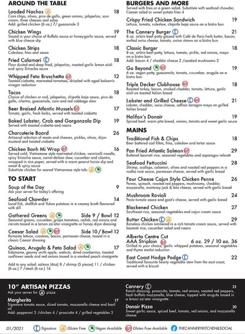 Menu at The Cannery Kitchen & Social restaurant, St. John's