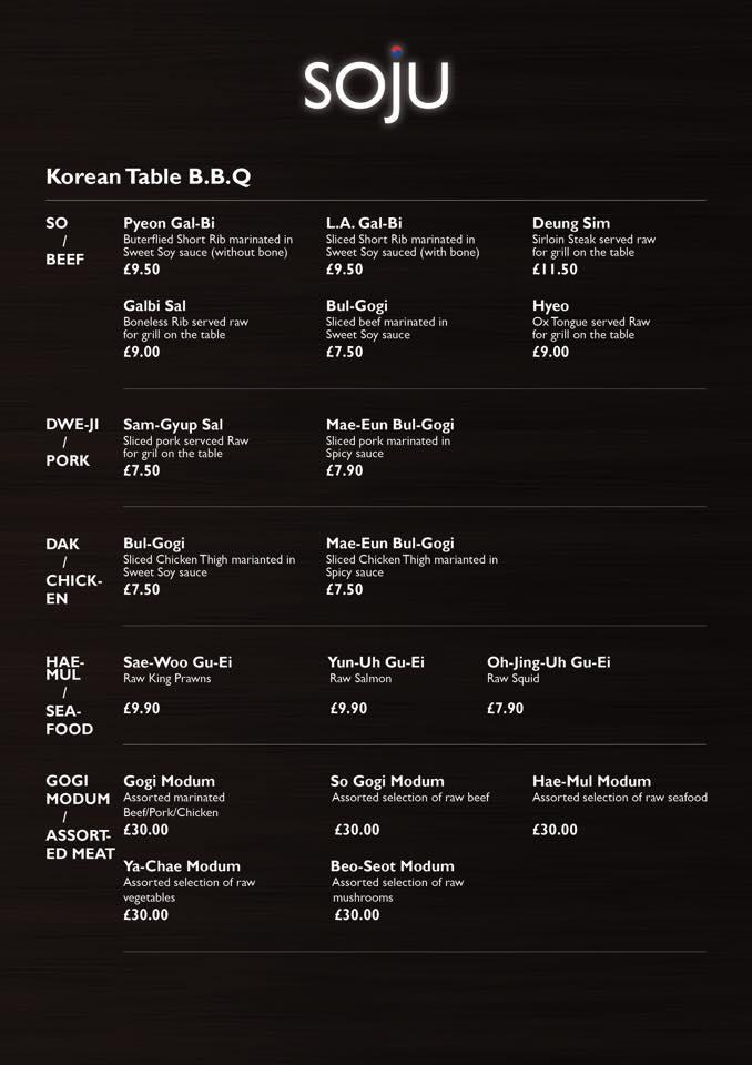 Menu at The SOJU pub & bar, Reading