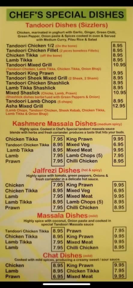 Menu at Asha's Indian Tandoori Restaurant, Rhyl