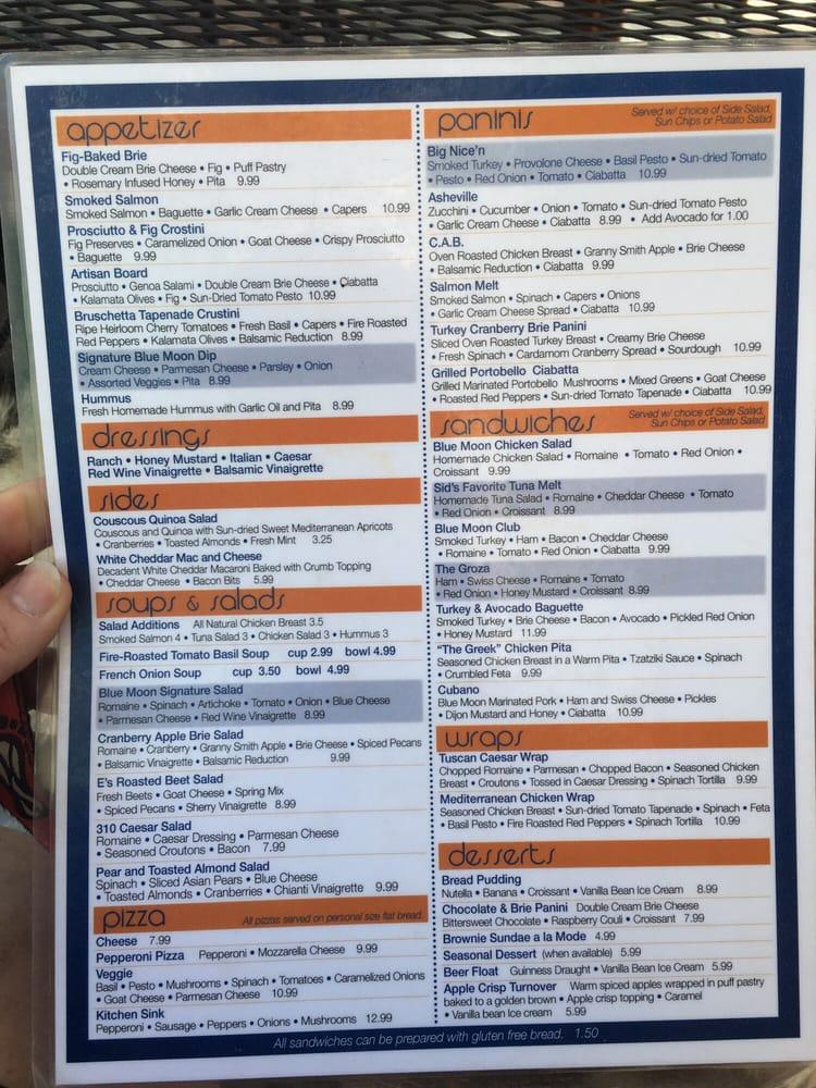 Menu at Blue Moon Cafe, Fayetteville