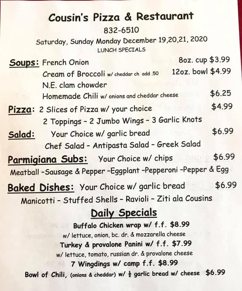 Menu at Cousin's Pizza pizzeria, Wingdale, NY-22