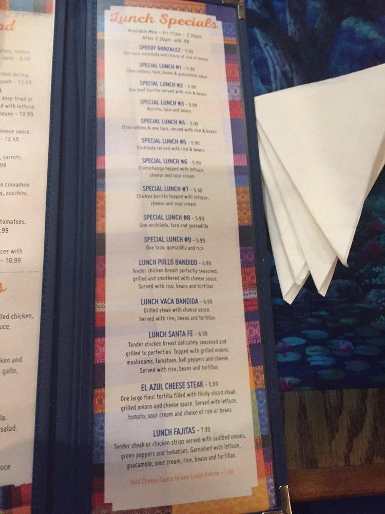 Menu at El Azul Grande Inc restaurant, Pikeville, 190 S Mayo Trail