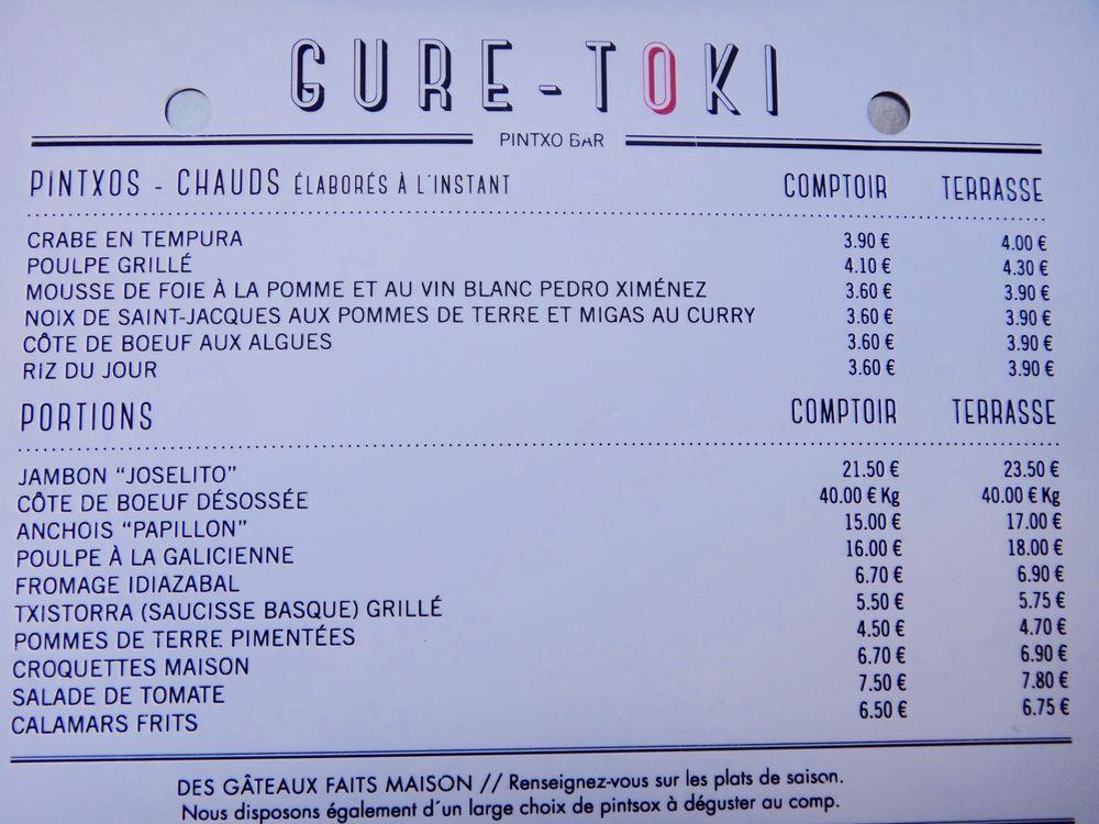 Menu at Gure Toki pub & bar, Bilbao, Pl. Nueva