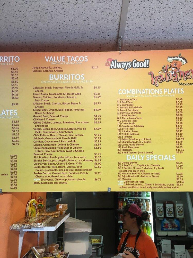 Menu at Habaneros' Mexican Grill restaurant, Trinidad