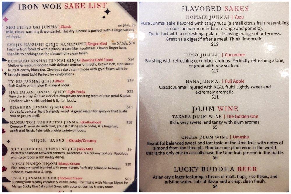 Menu at Iron Wok restaurant, Bryson City