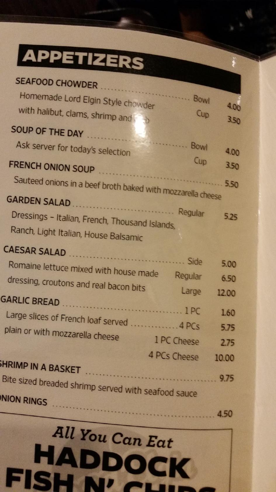 Menu at Lord Elgin Fish & Chips restaurant, Saugeen Shores