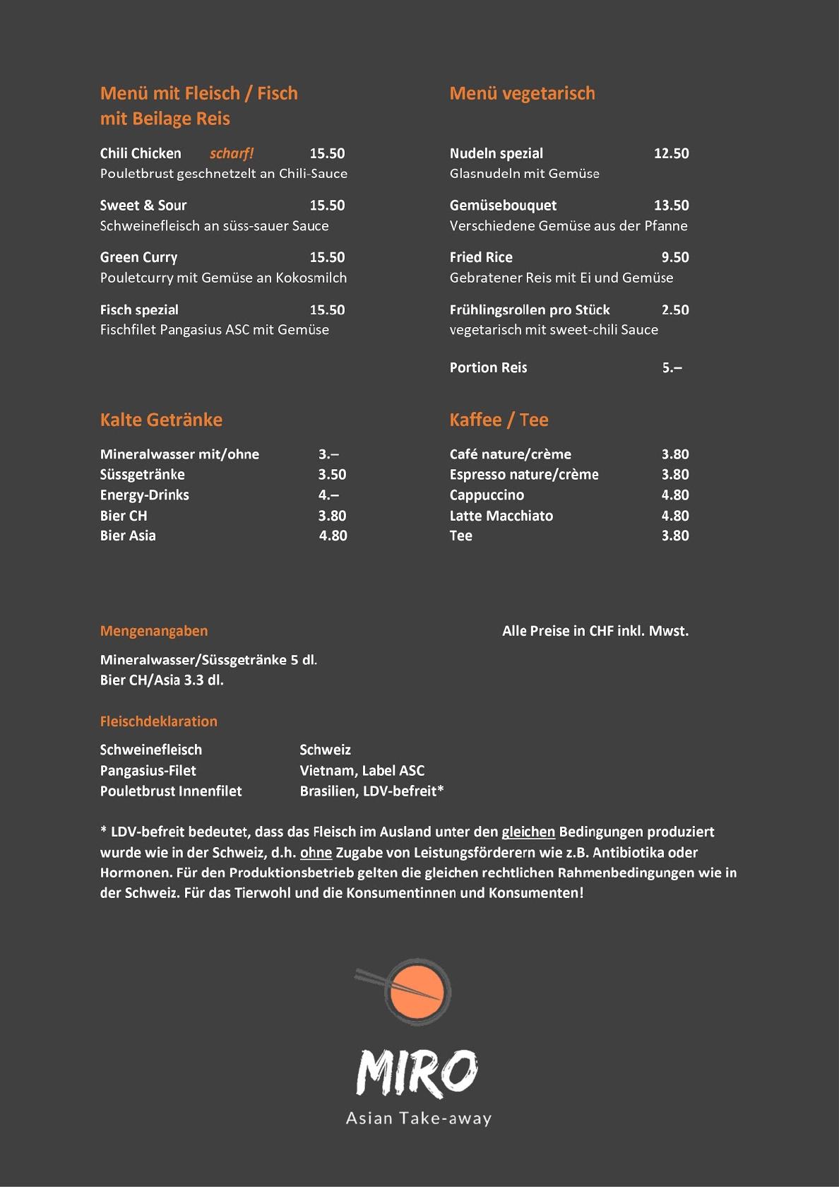 Menu at MIRO Asian Take-away, Muri