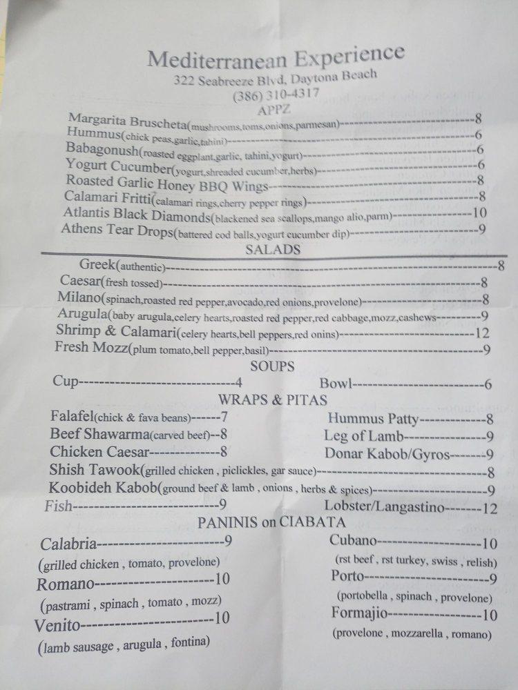 Menu at Mediterranean Experience restaurant, Daytona Beach, 322 ...