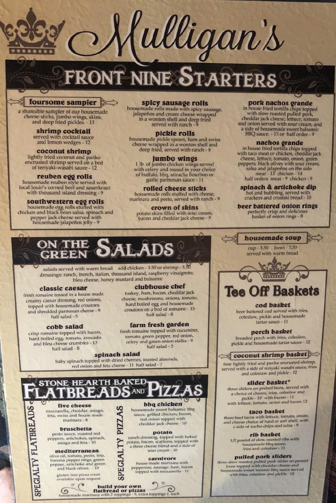 Menu at Mulligan's Pub & Grill, Traverse City