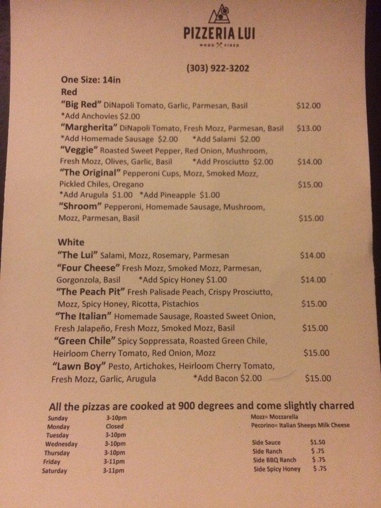 Menu at Pizzeria Lui, Lakewood