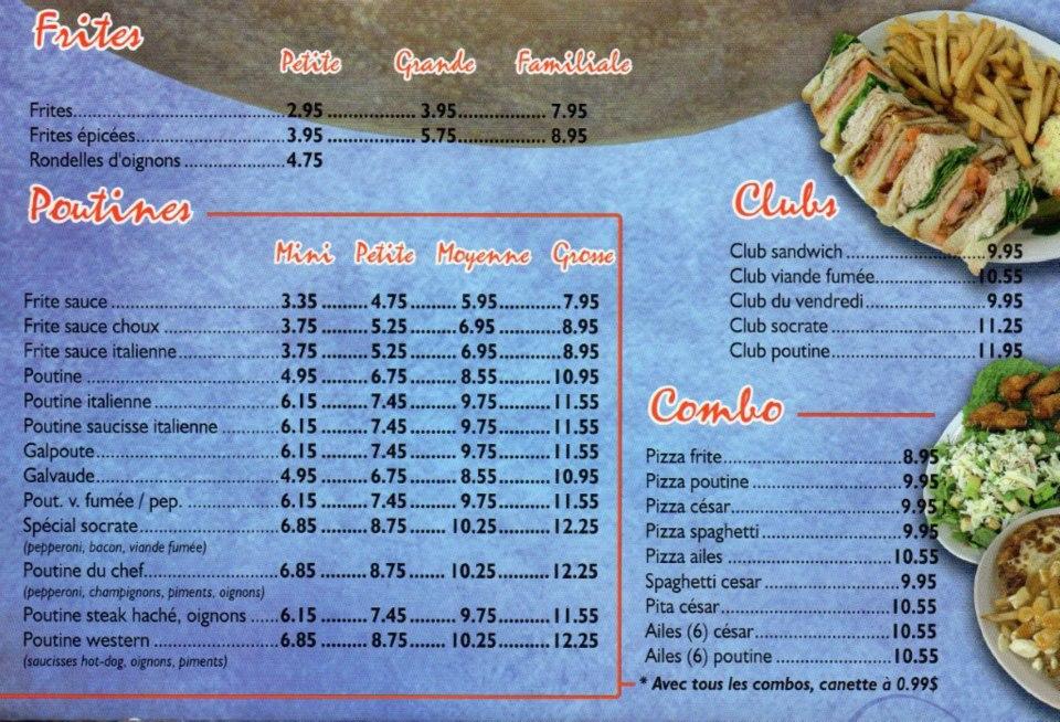 Menu at Socrate pizzeria, Shawinigan
