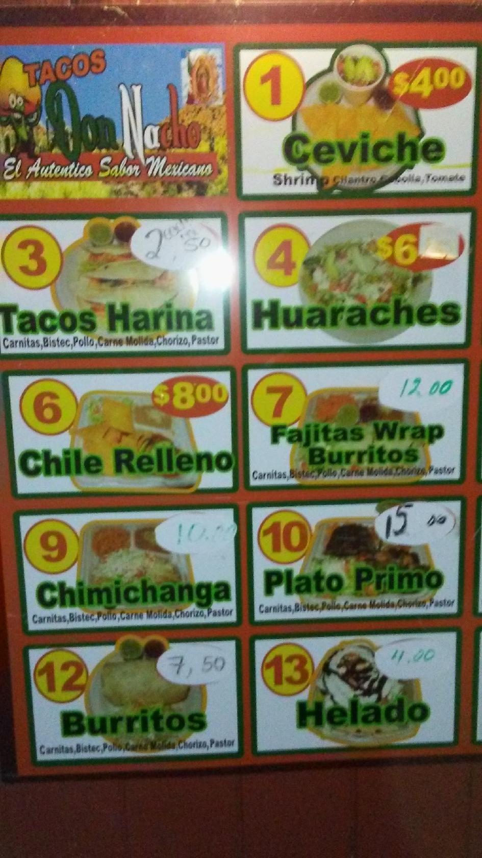 Menu at Tacos Don Nacho restaurant, Woonsocket
