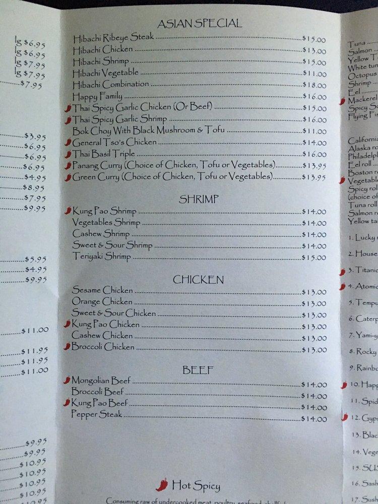 Menu at Asian Fusion restaurant, Gypsum