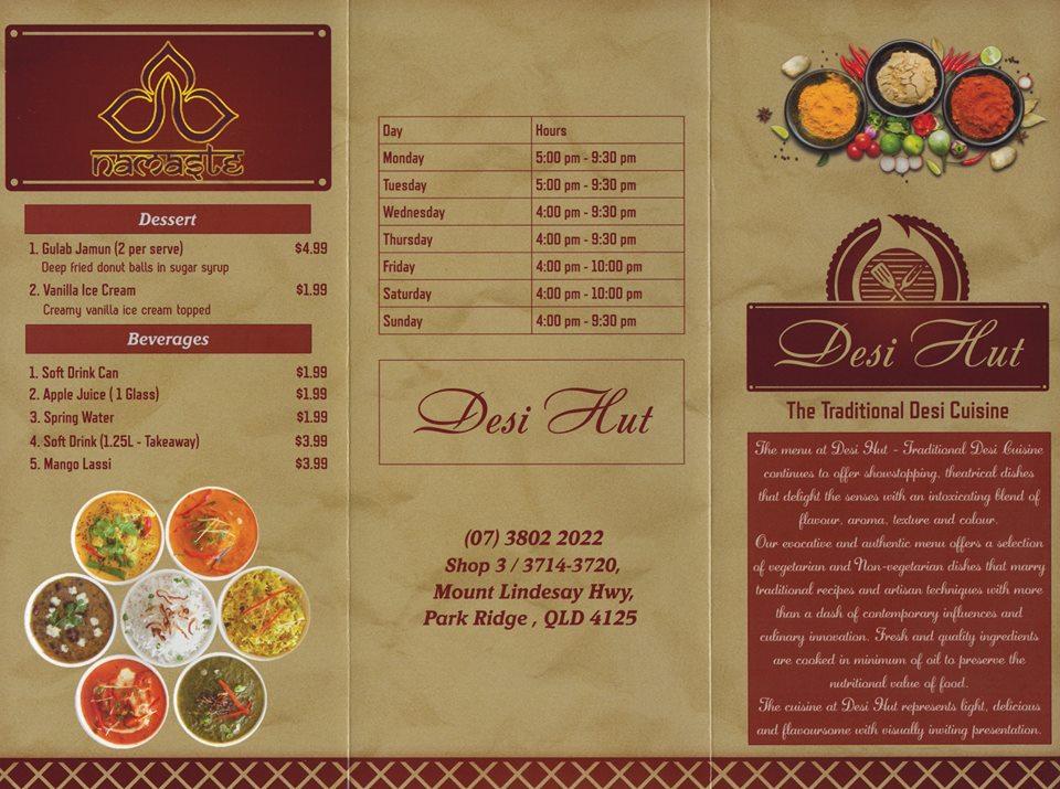 Menu at Desi Hut restaurant, Park Ridge, Shop 3/3714-3720 Mount ...