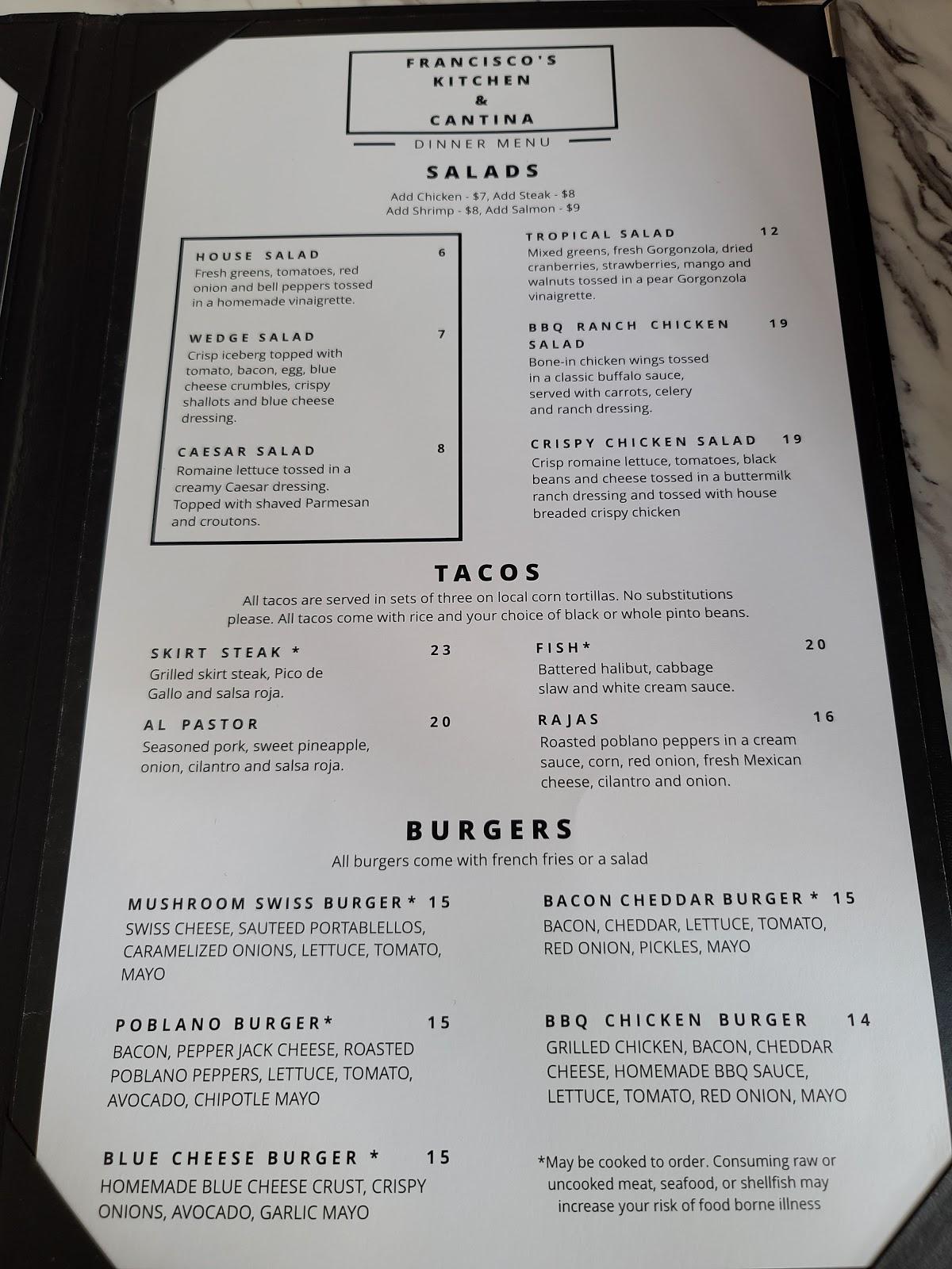 Menu at Francisco's Kitchen & Cantina pub & bar, Lake Stevens