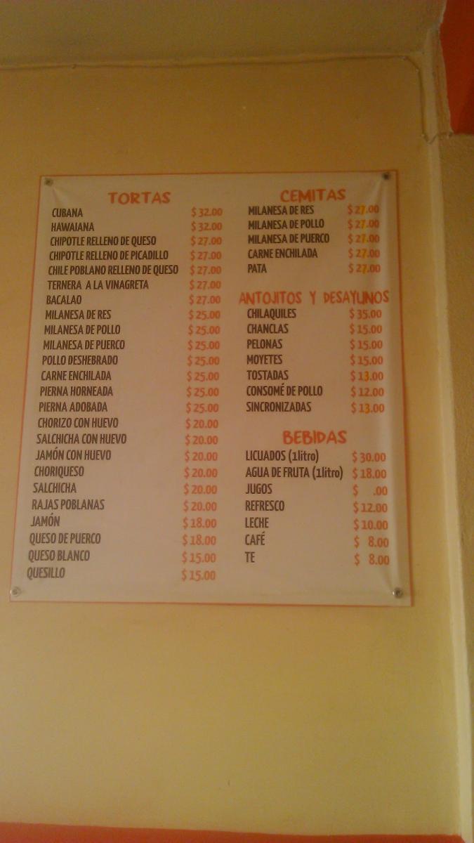 Menu at Las Tortugas restaurant, San Pablo del Monte