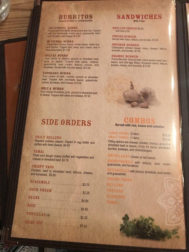 Menu at Mi Tierra restaurant, Woodinville