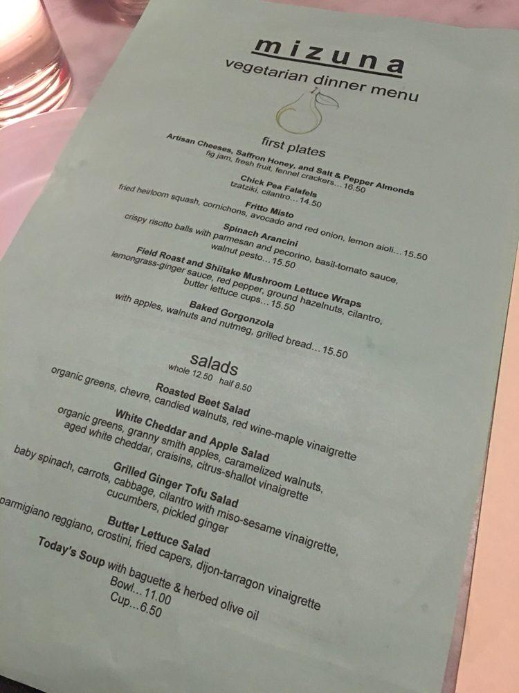Menu at Mizuna Restaurant and Wine Bar, Spokane