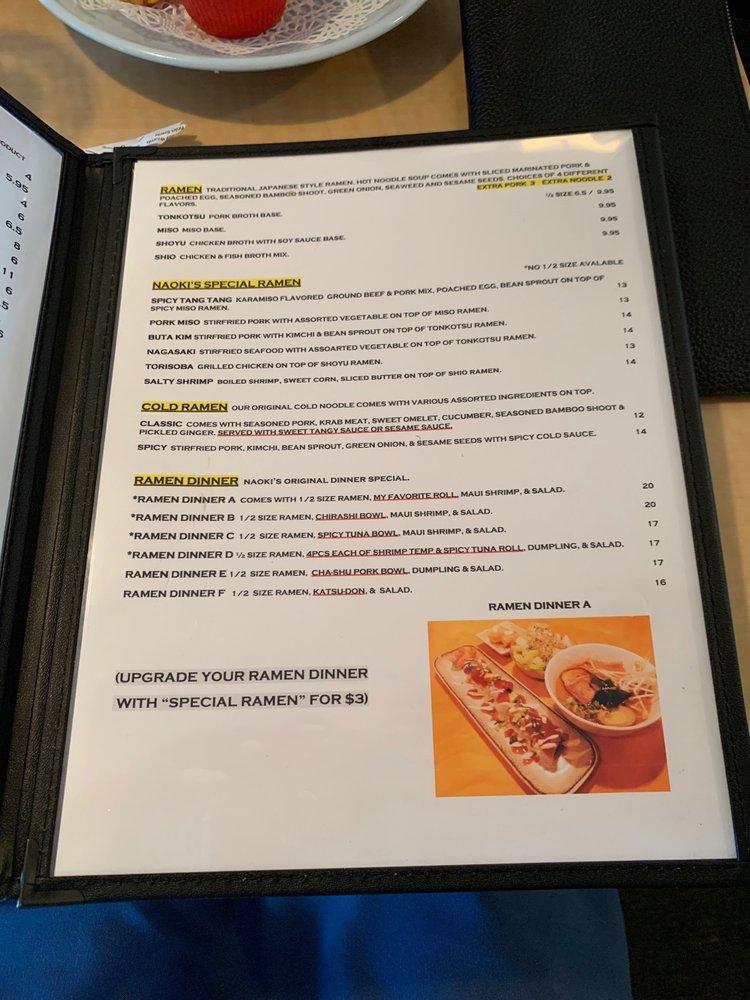 Menu at NAOKI JAPANESE CUISINE restaurant, Palm Bay