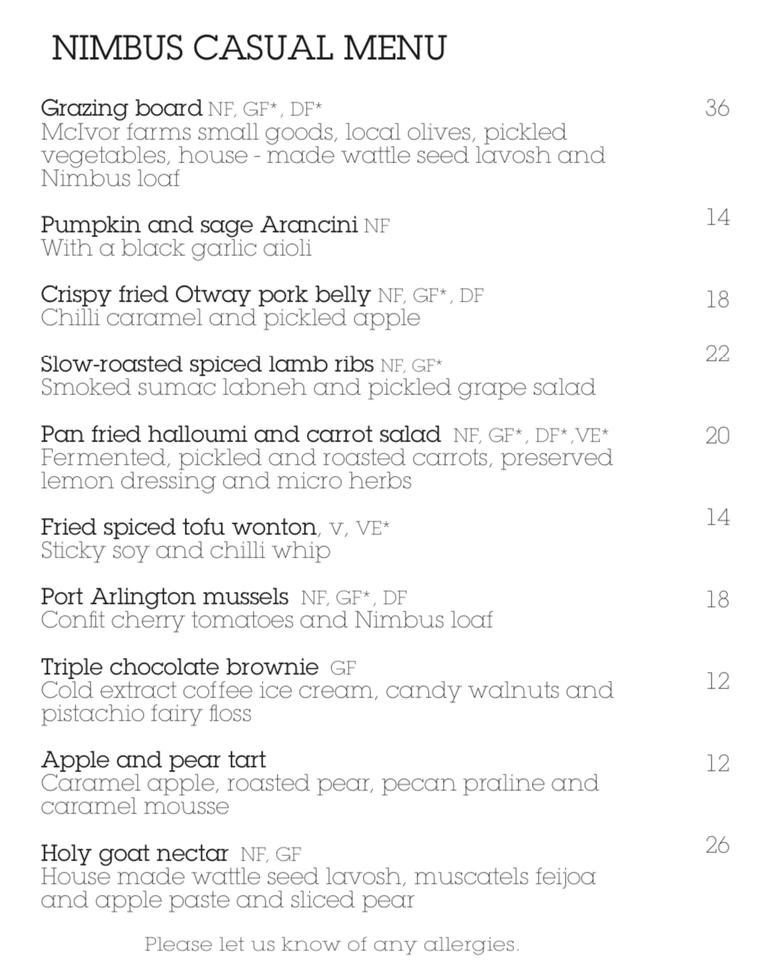 Menu at Nimbus Rooftop pub & bar, Bendigo