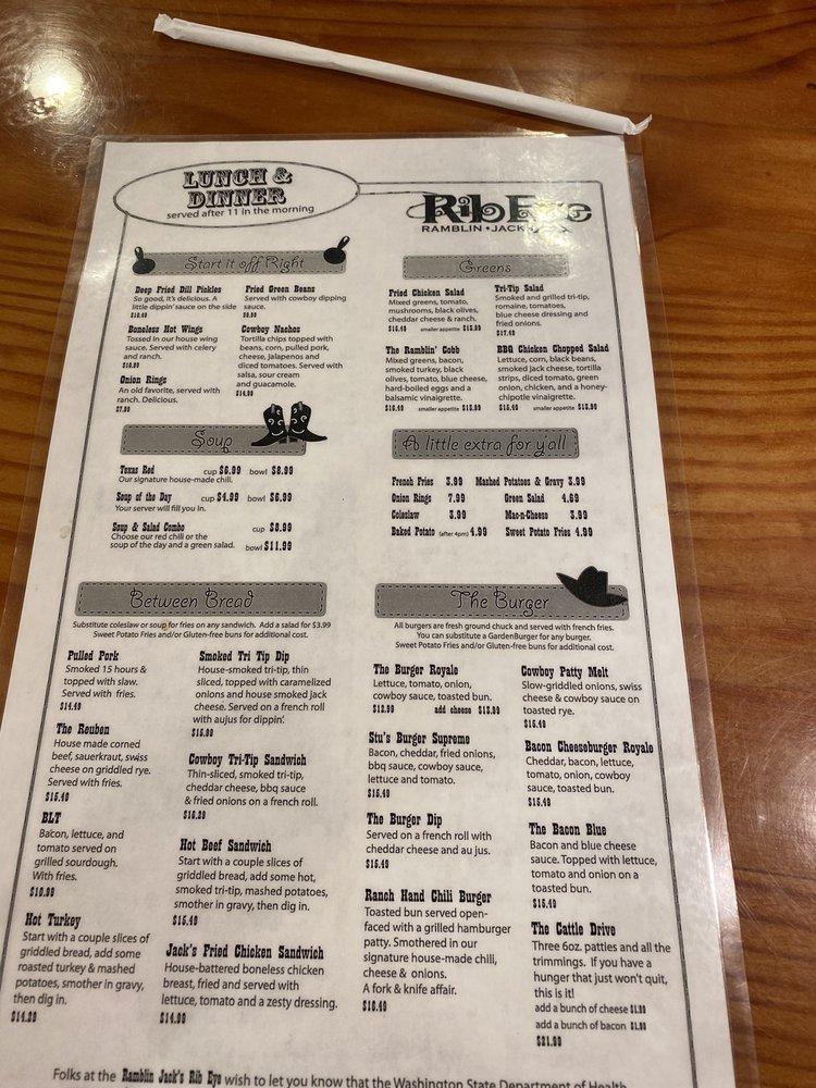Menu at Ramblin Jacks Rib Eye steakhouse, Napavine