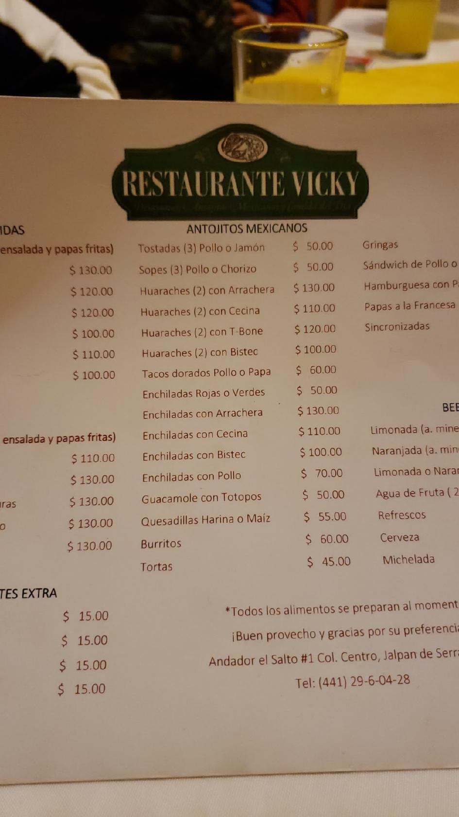 Menu at Restaurante Vicky, Jalpan de Serra