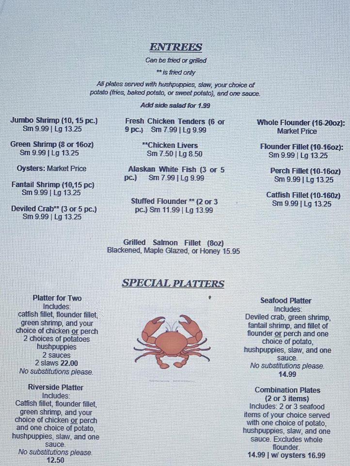 Menu at Riverside Fish House restaurant, Dallas