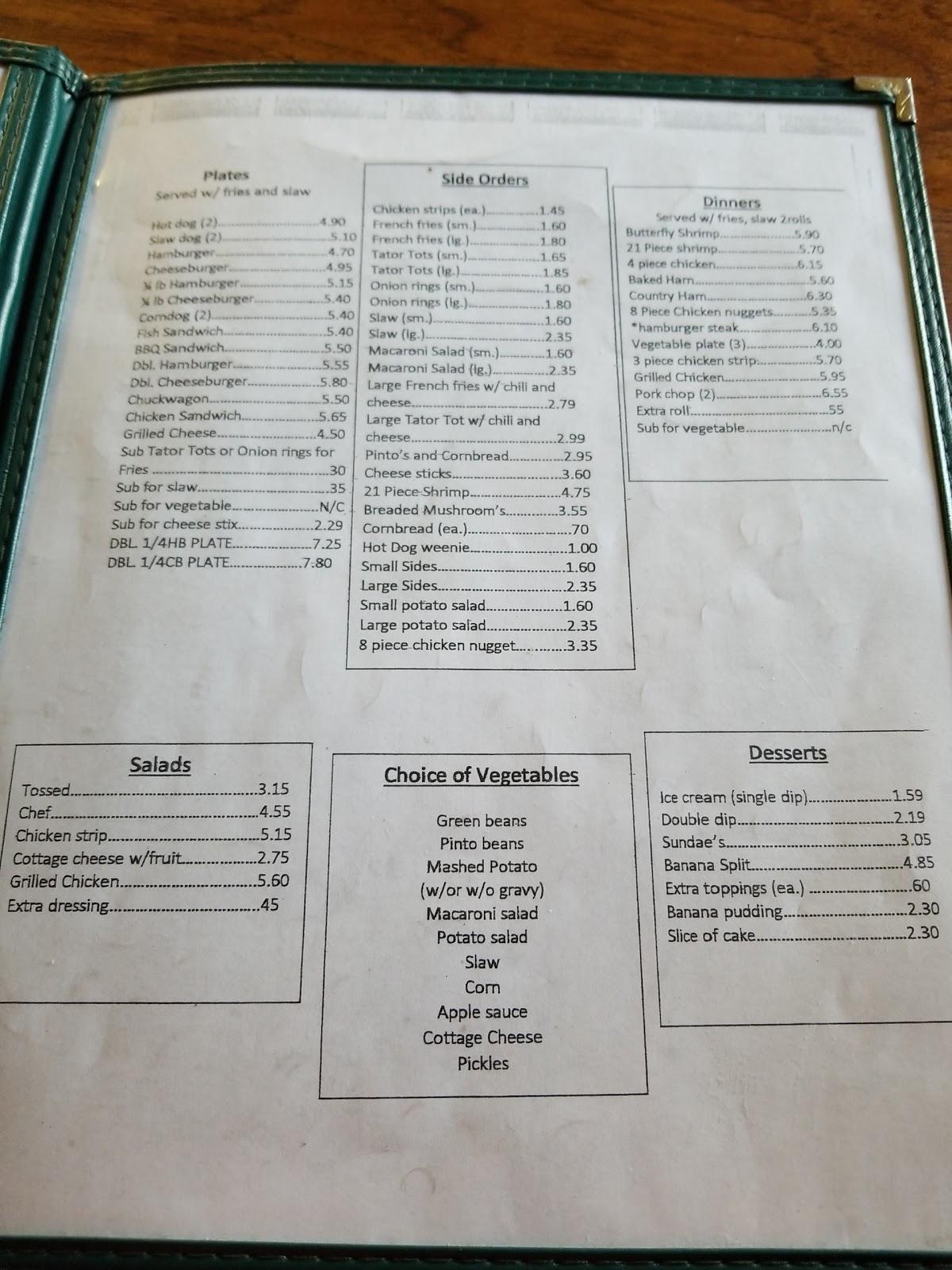 Menu at Tom's Drive-In restaurant, Pulaski