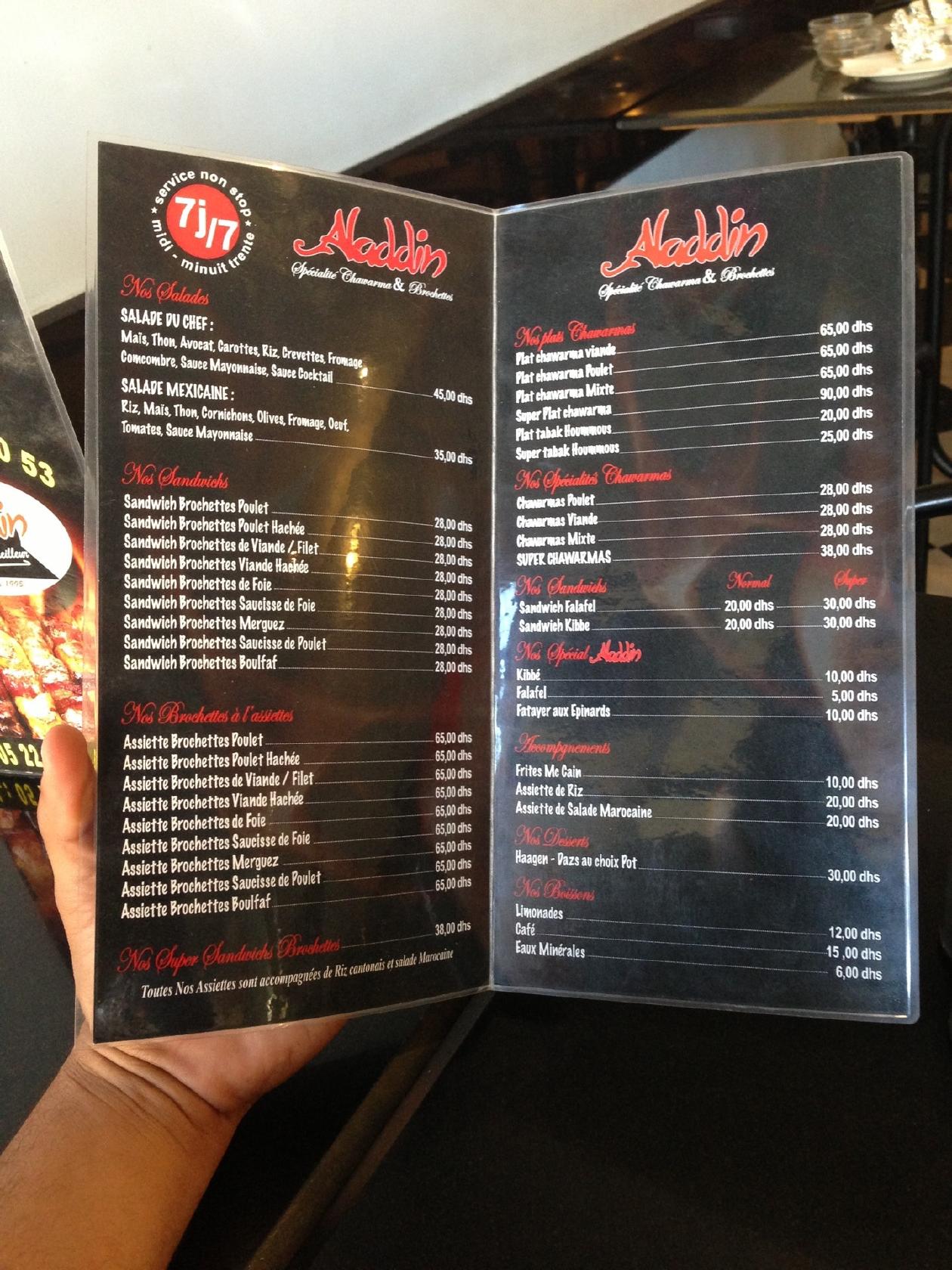 Carta del restaurante Aladdin, Casablanca