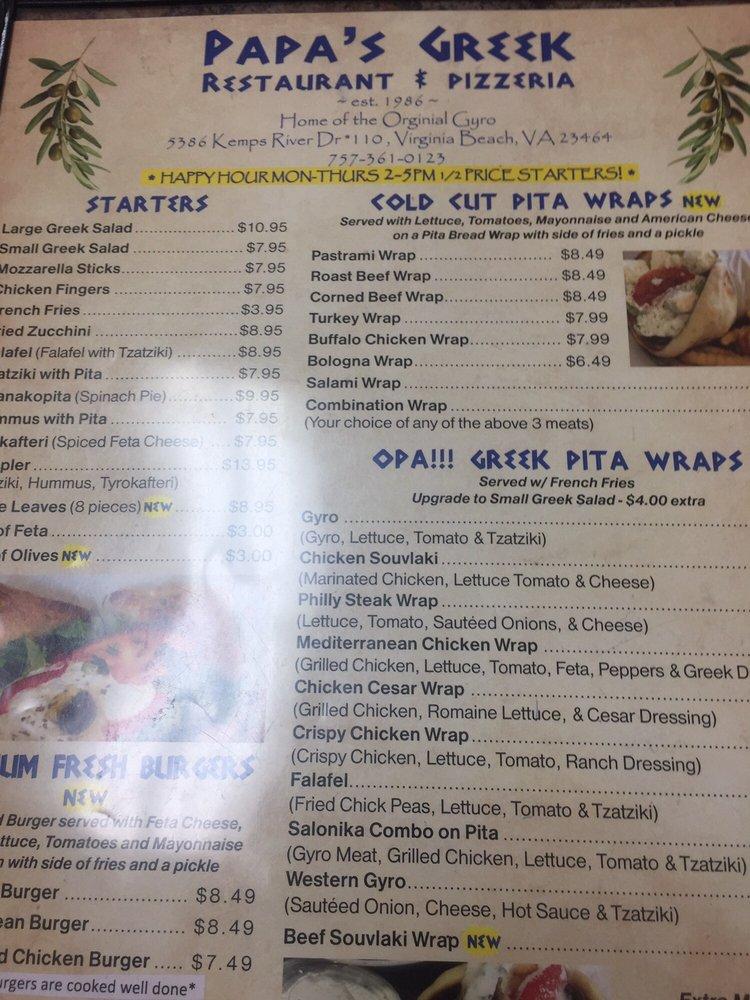 Menu at Papa's Greek family restaurant, Papas pizza, Virginia Beach