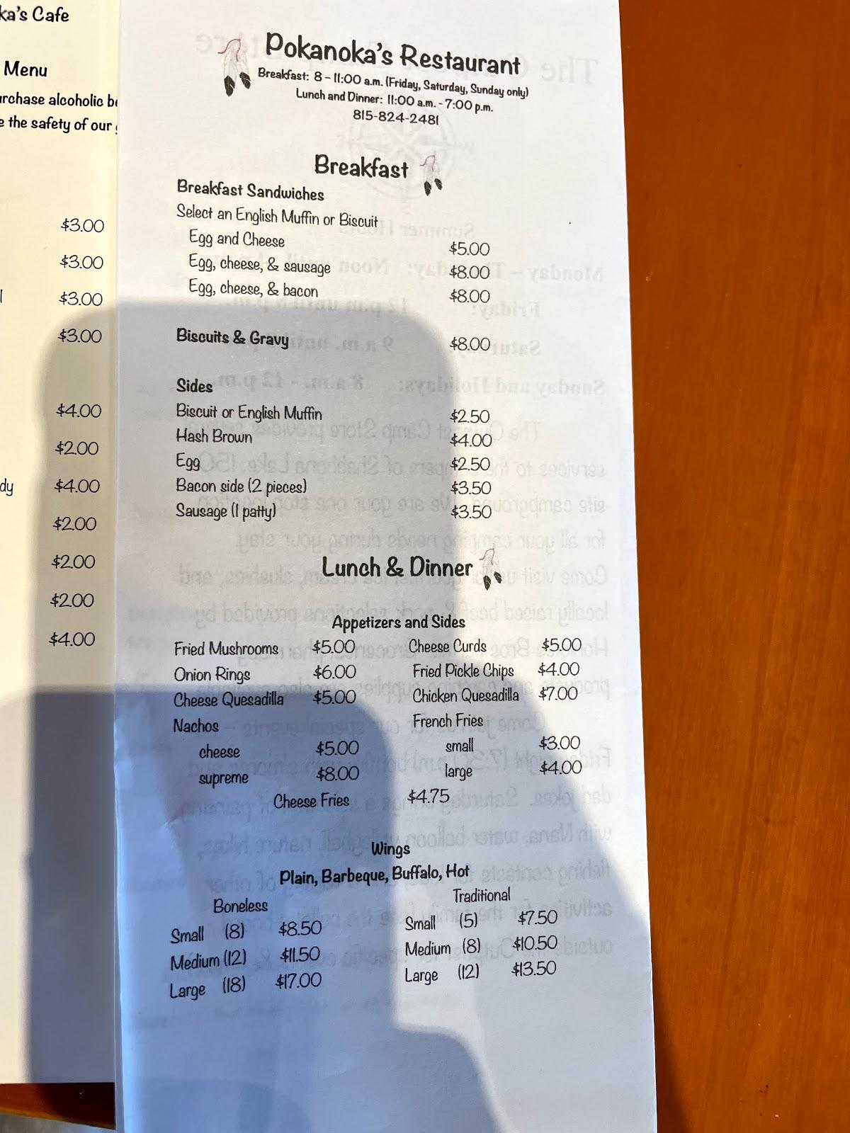 Menu at Pokanoka's Dockside Cafe, Shabbona, Bluebird Ln