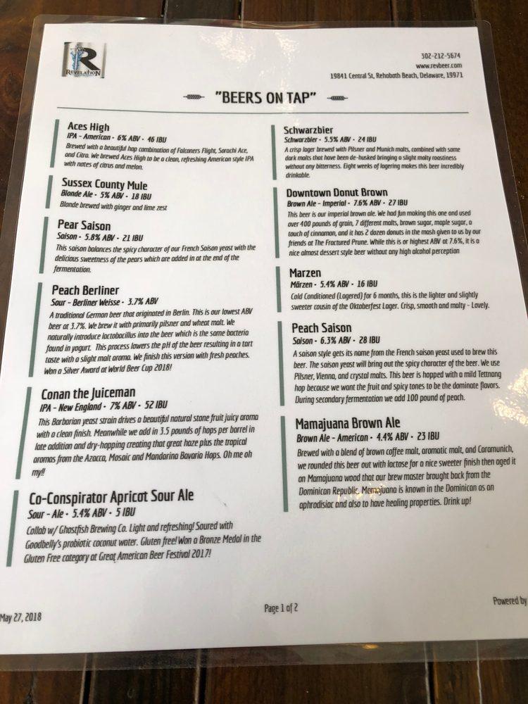 Menu at Revelation Craft Brewing pizzeria, Rehoboth Beach