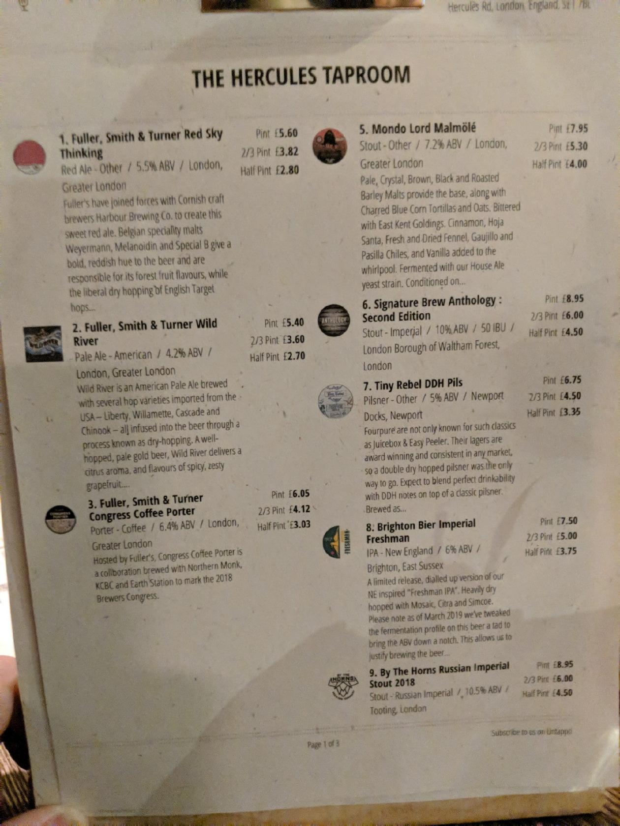 Menu at The Hercules, Lambeth pub & bar, London