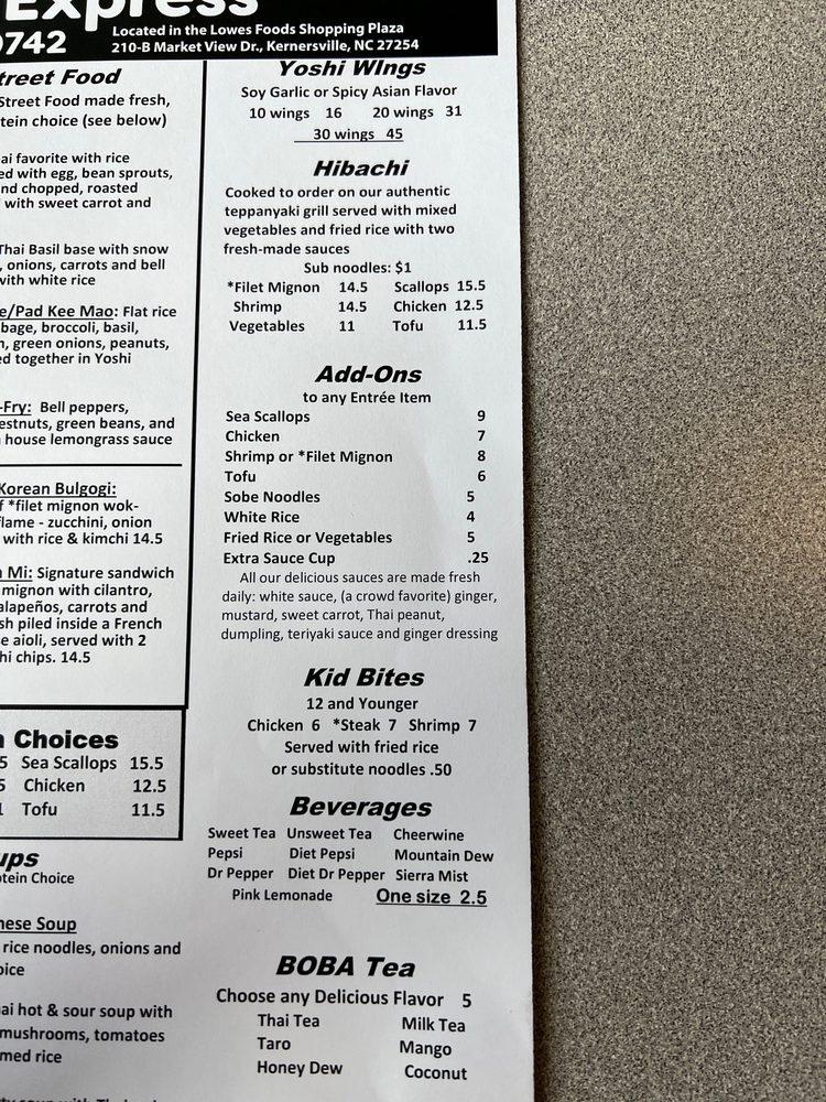 Menu at Yoshi Express restaurant, Kernersville