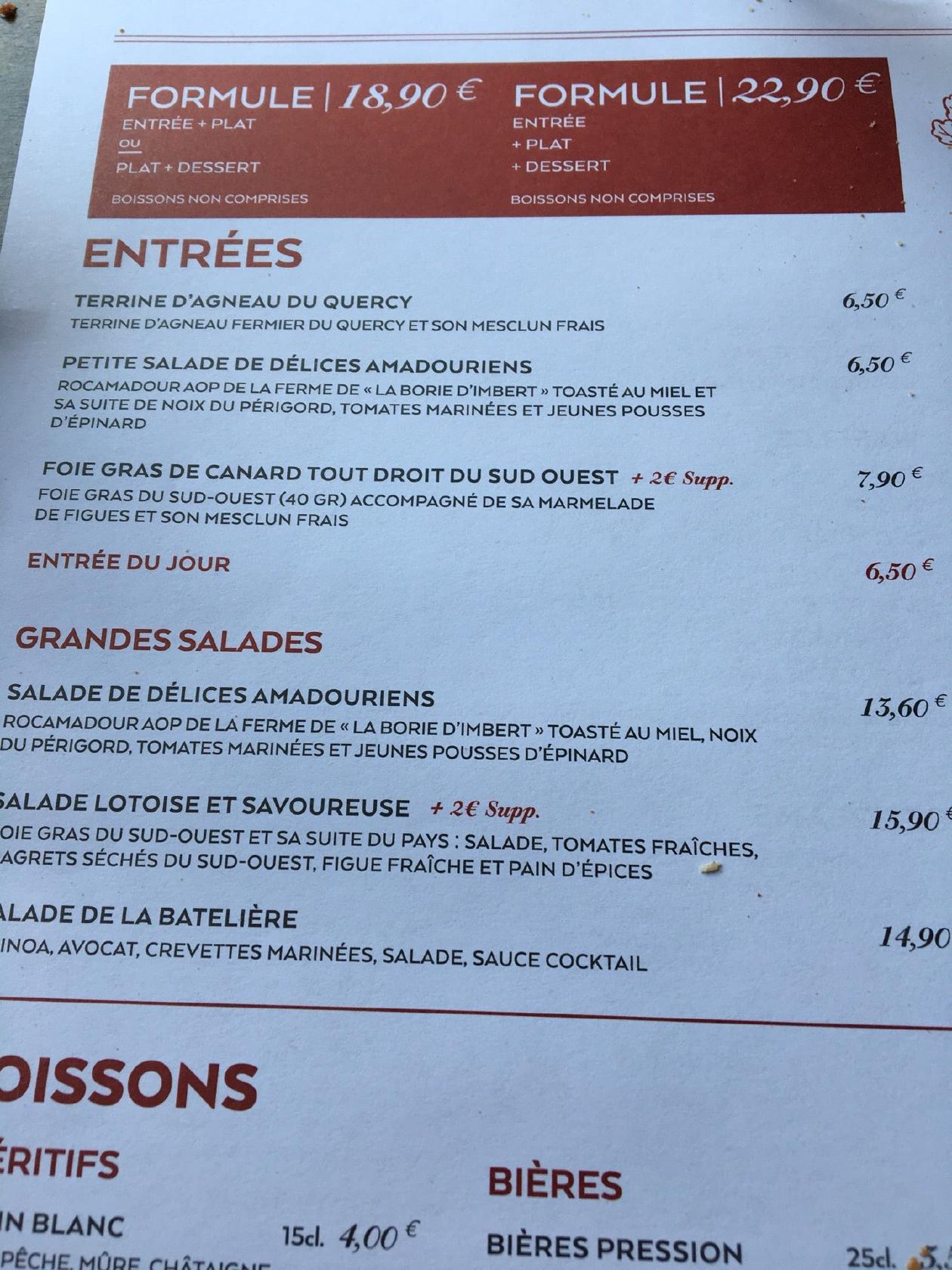 Menu at Auberge du Gouffre restaurant, Padirac