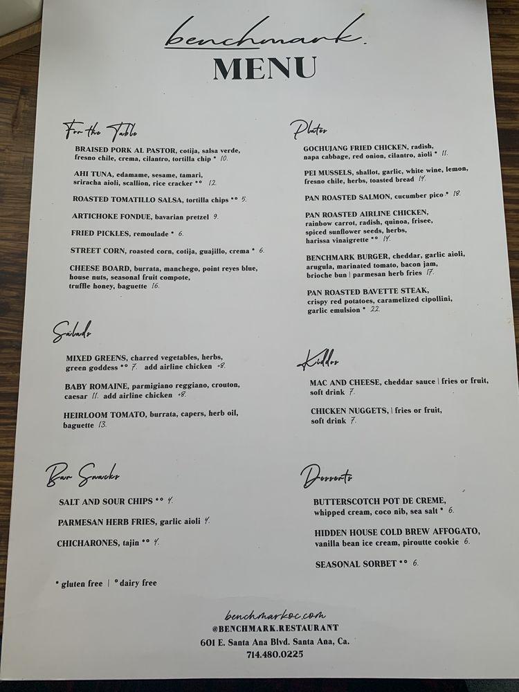 Menu at Benchmark restaurant, Santa Ana