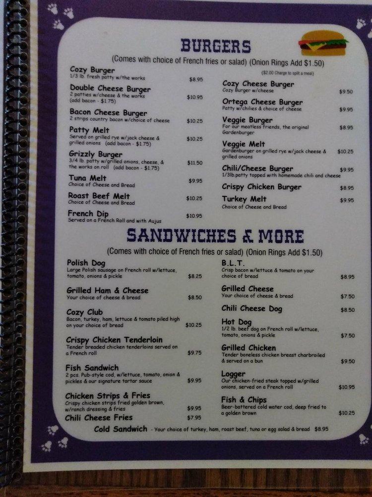Menu at Cozy Cabin Cafe, West Point, State Rte 26