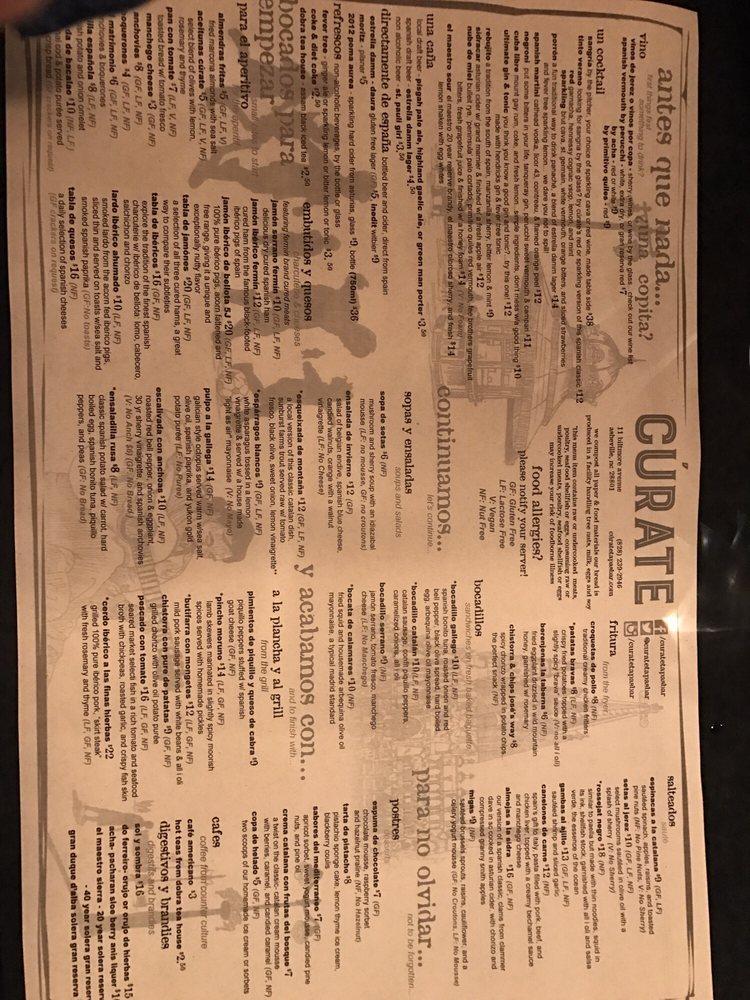 Menu at Cúrate pub & bar, Asheville