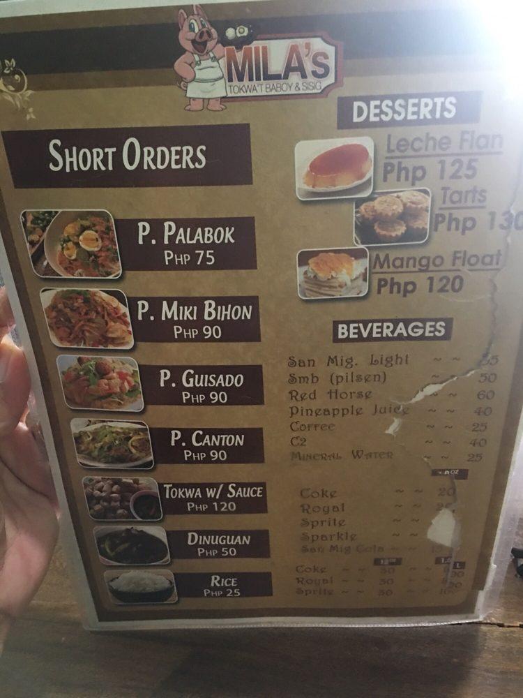 Menu at Mila's Tokwa't Baboy restaurant, Angeles, St.