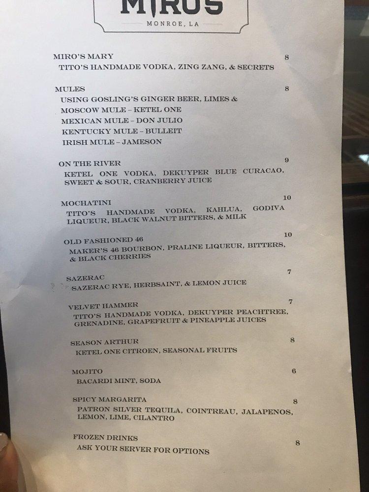 Menu at Miro's restaurant, Monroe