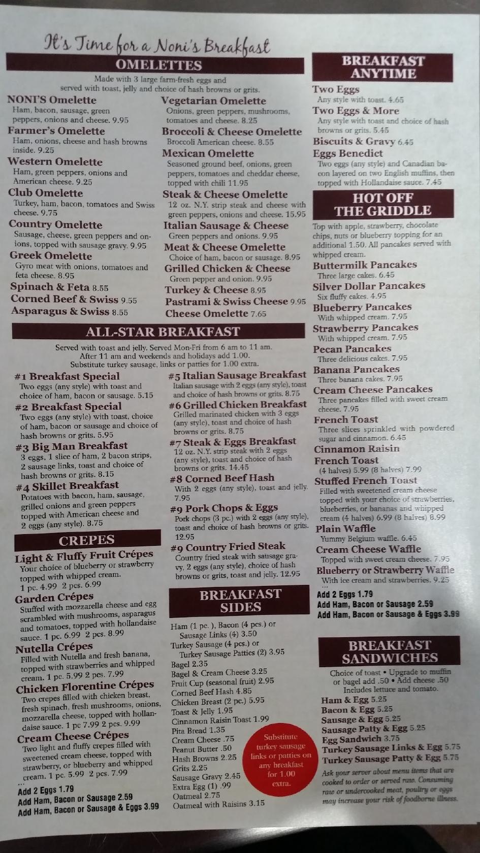 Menu at Noni's Grille of Troy restaurant, Troy