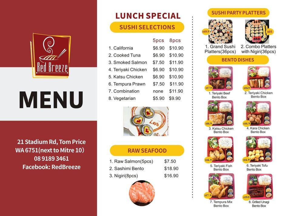 Menu at Red Breeze Restaurant, Tom Price