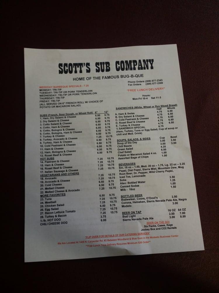 Menu at Scott's Sub Co restaurant, Modesto