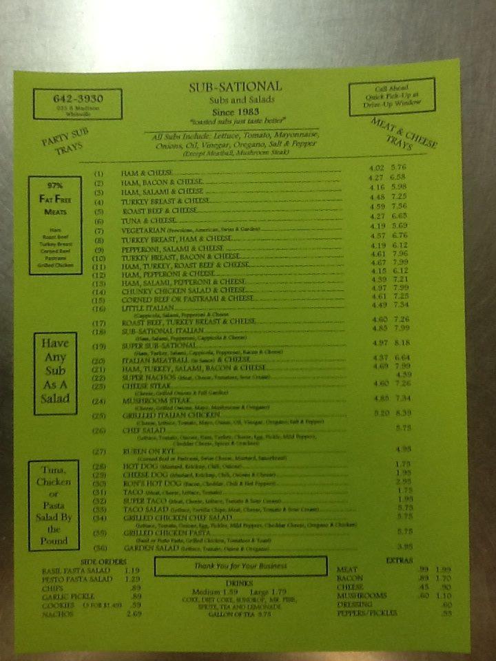 Menu at Sub-Sational restaurant, Whiteville