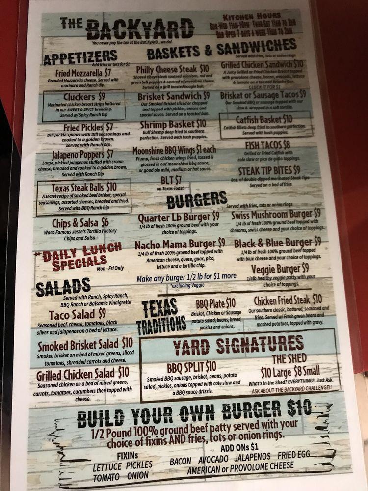 Carta de The Backyard Bar Stage and Grill, Waco
