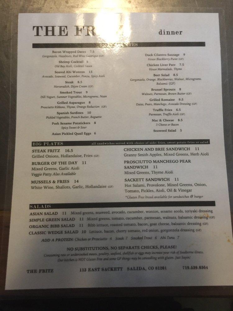 Menu at The Fritz pub & bar, Salida