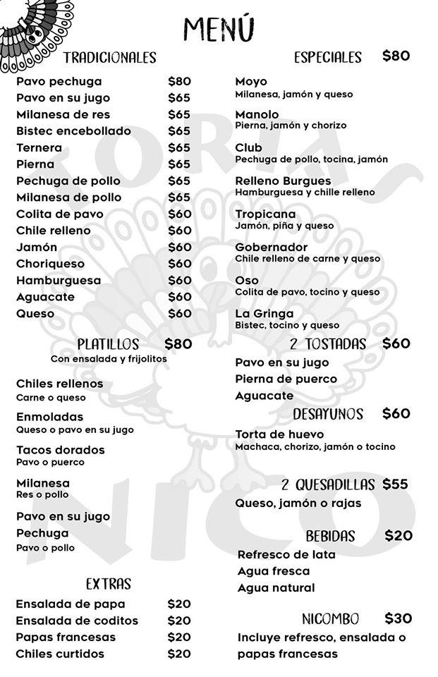 Carta del restaurante Tortas Nico, Ciudad Juarez, Blvd. Gomez Morín 7983